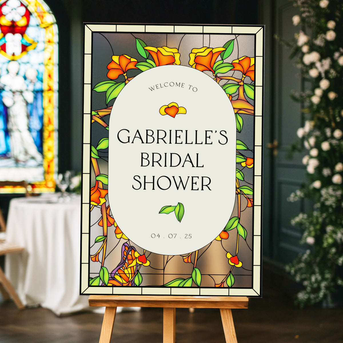 Floral Bridal Shower Sign, Orange Flowers Stained Glass Welcome Sign ...