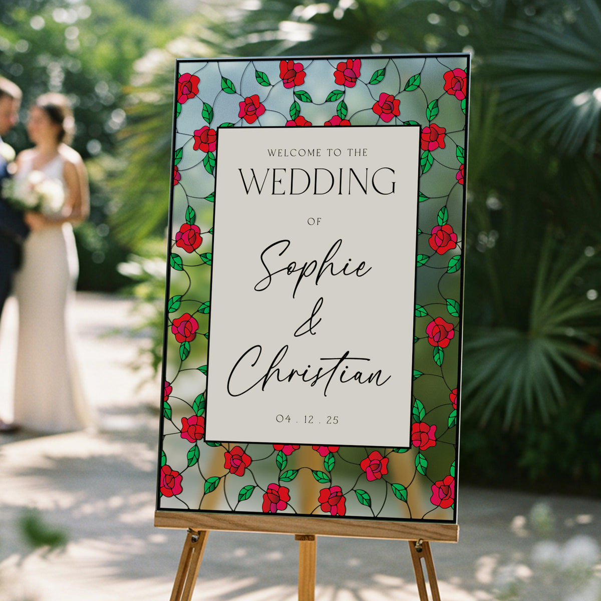Stained Glass Wedding Sign, Custom Acrylic Red Roses Wedding Welcome S ...