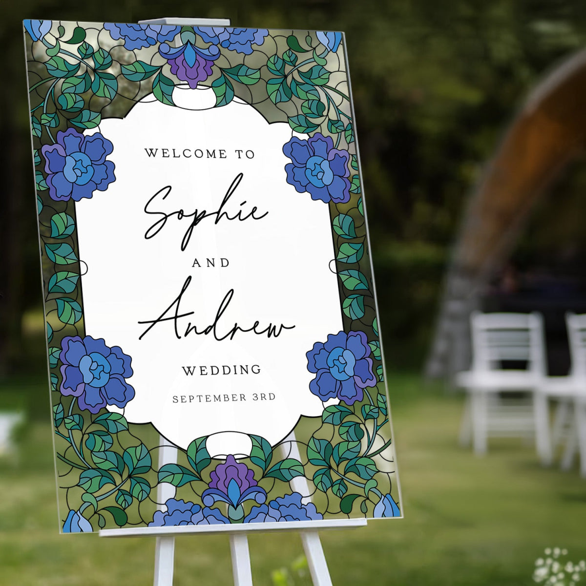 Blue Floral Wedding Sign, Elegant Welcome Sign with Stained Glass Styl ...