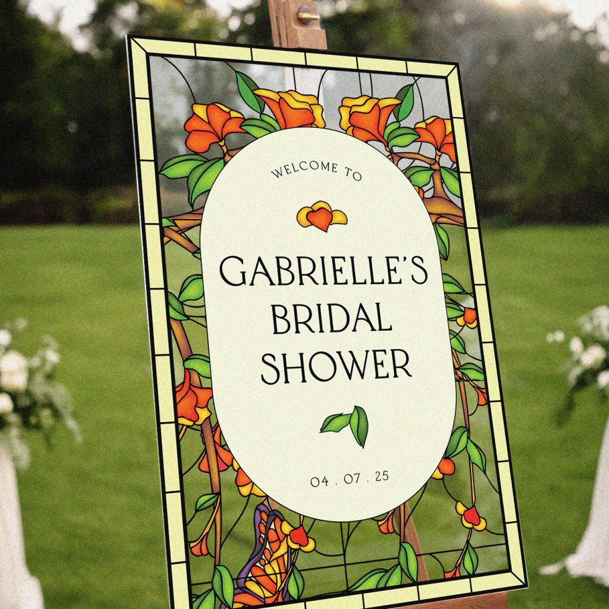Floral Bridal Shower Sign, Orange Flowers Stained Glass Welcome Sign ...