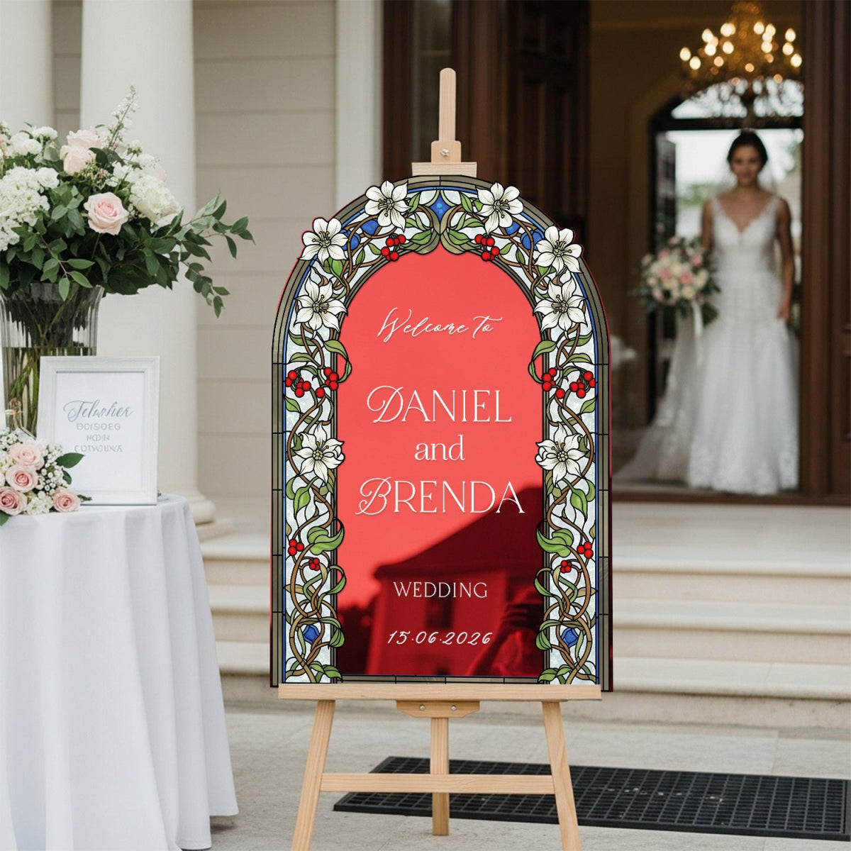 Floral Stained Glass Wedding Sign, Arched Garden Vine Wedding Welcome ...