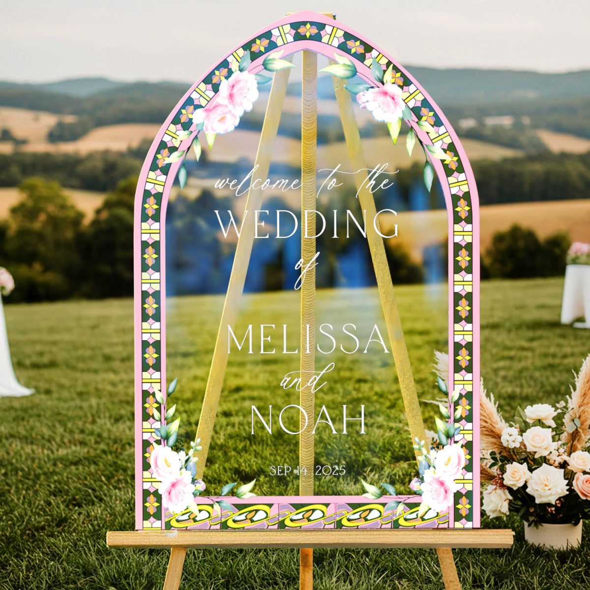 Frosted Pink Stained Glass Wedding Sign, Pink Roses Wedding Welcome Si ...