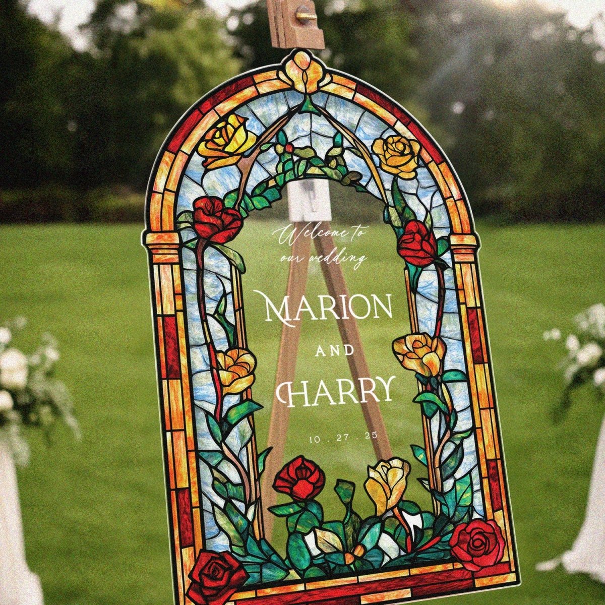Roses Stained Glass Wedding Sign, Romantic Wedding Welcome Sign ...