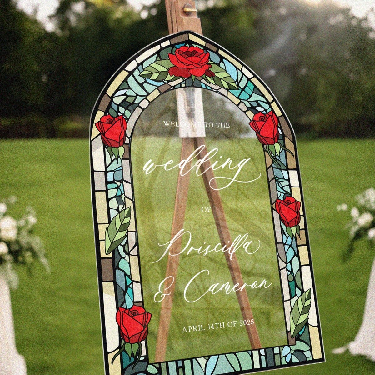 Stained Glass Wedding Sign, Custom Acrylic Red Roses Wedding Welcome S ...