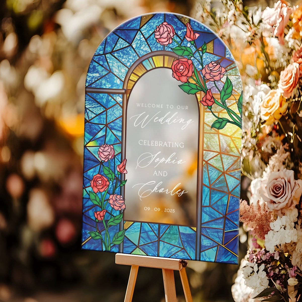 Stained Glass Wedding Sign, Red Roses Wedding Welcome Sign – SpeedyOrders