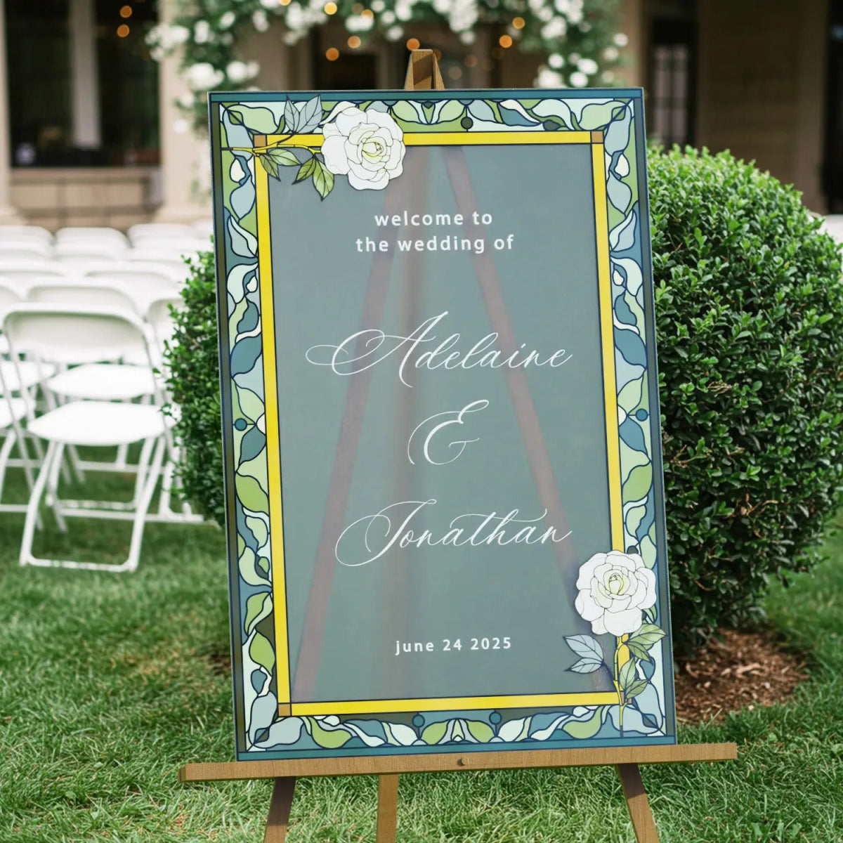 Stained Glass Wedding Sign, White Roses Acrylic Wedding Welcome Sign ...