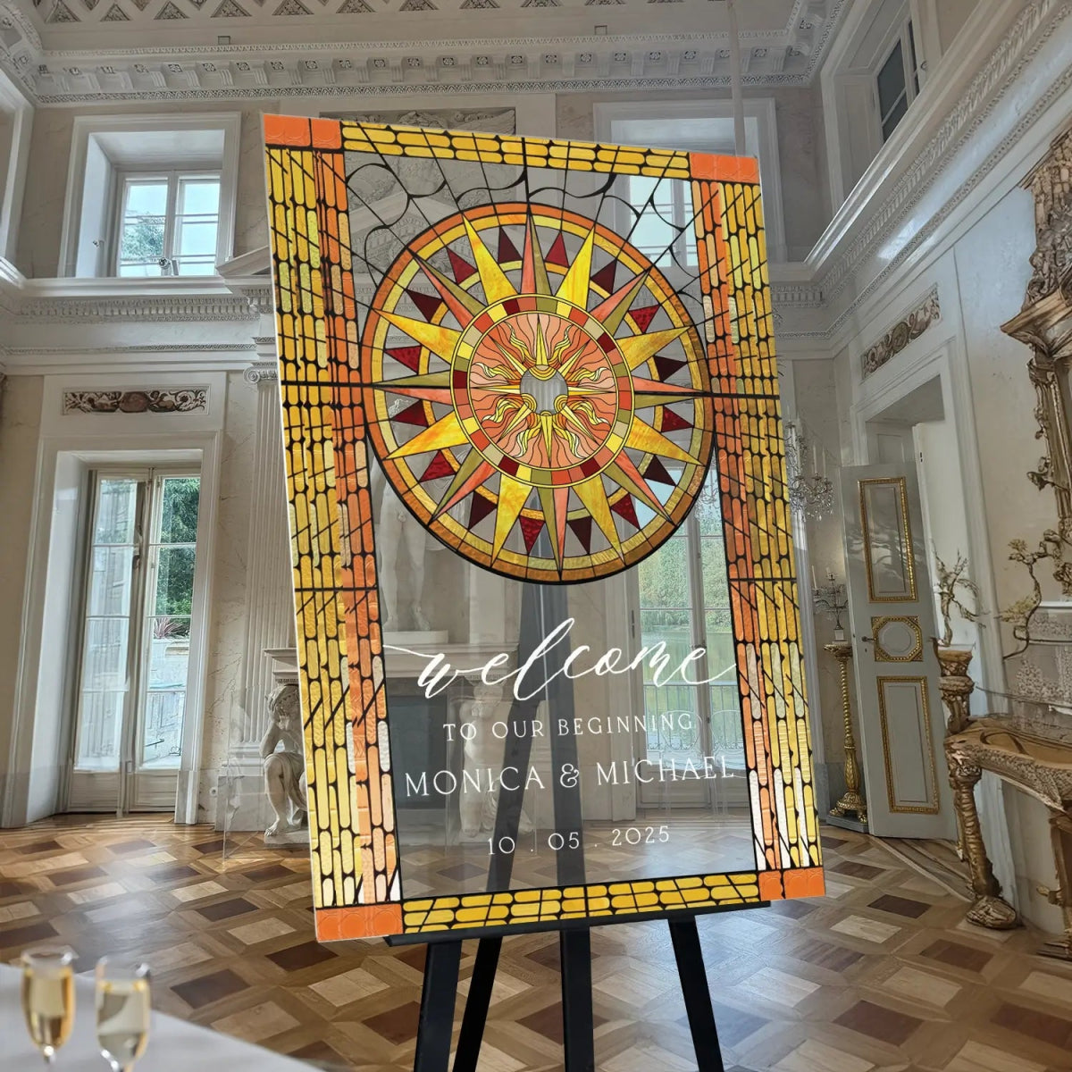 Sun Stained Glass Wedding Sign, Mirror Acrylic Gold Wedding Welcome Si ...