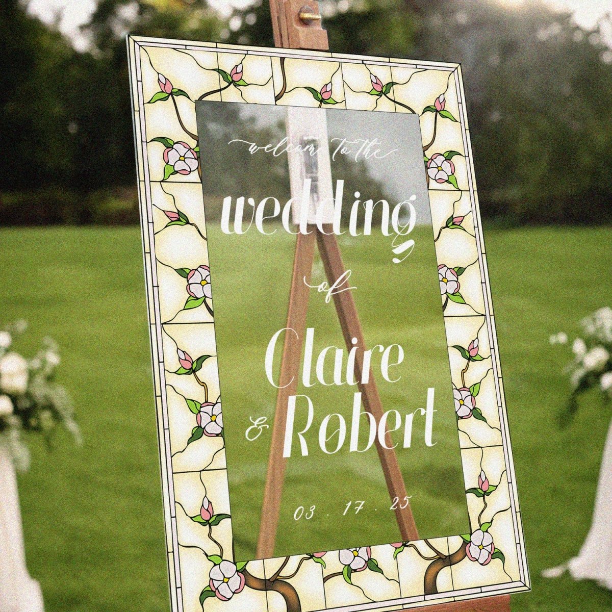 White Floral Wedding Welcome Sign, Cream Blossom Stained Glass Wedding ...