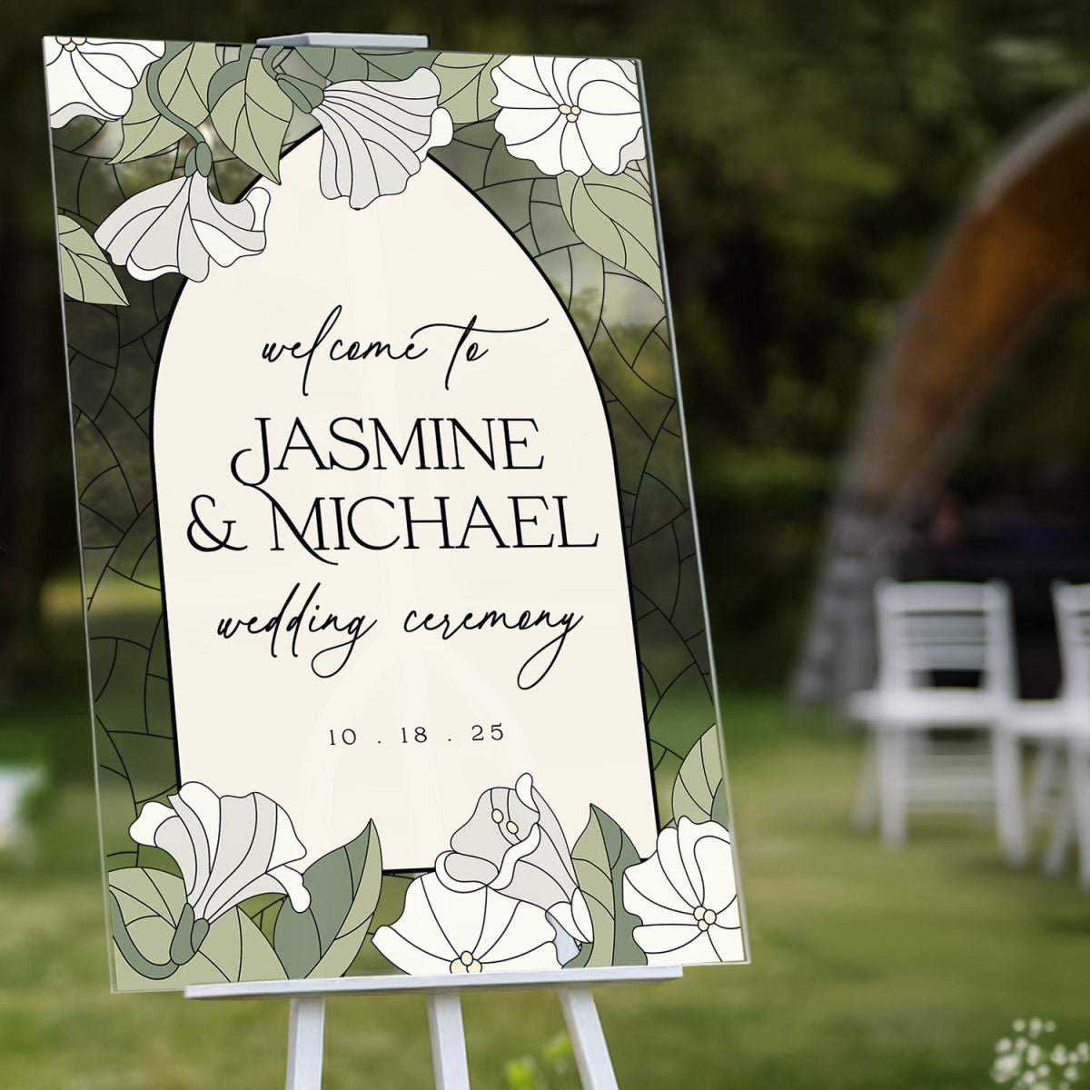 White Lillies Wedding Sign, Floral Welcome Sign with Stain Glass Style ...